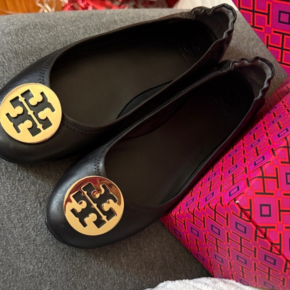 Tory Burch | Shoes | Tory Burch Black Flats With Gold Emblem | Poshmark